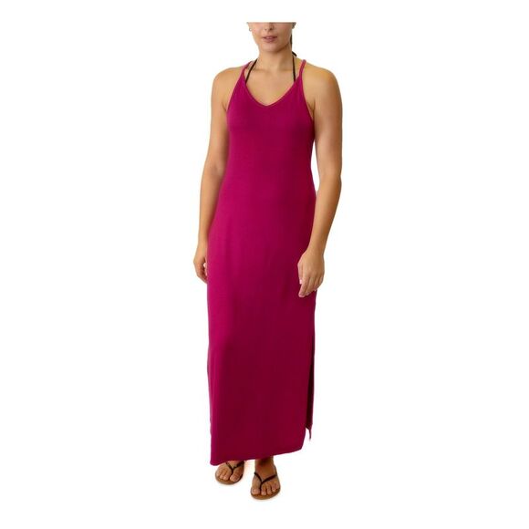 Miken Swim Miken Womens Purple Stretch Racerback Maxi Slit Deep V Neck Swimsuit Cover Up S